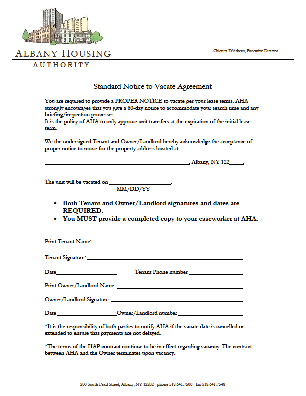 Vacate Notice Form for Section 8 Voucher Holders
